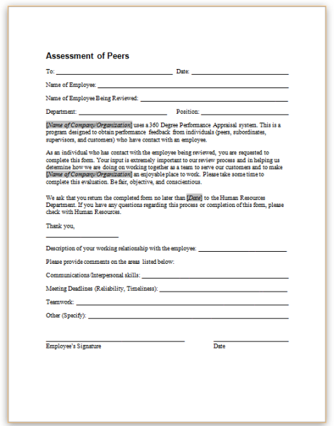 This sample form allows employees to evaluate their peers so that the ...